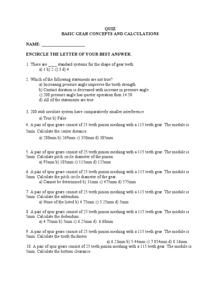 Gear Quiz for Engineering Students | PDF | Gear | Mechanical Engineering