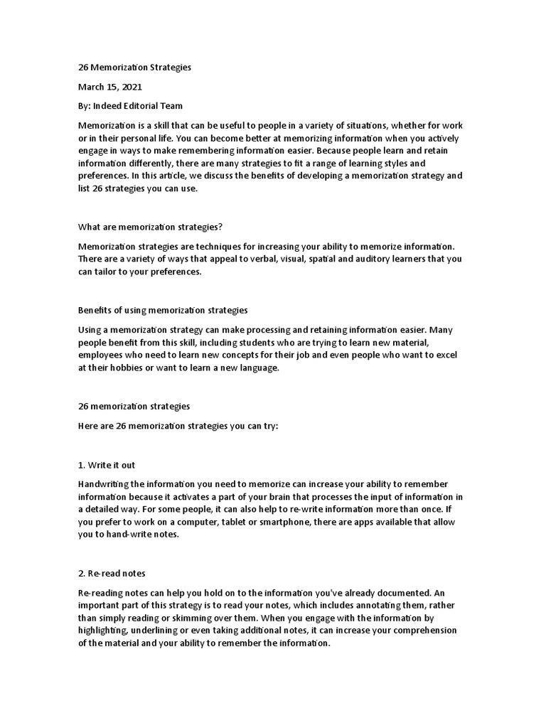 26 Effective Memorization Strategies | PDF | Flashcard | Learning