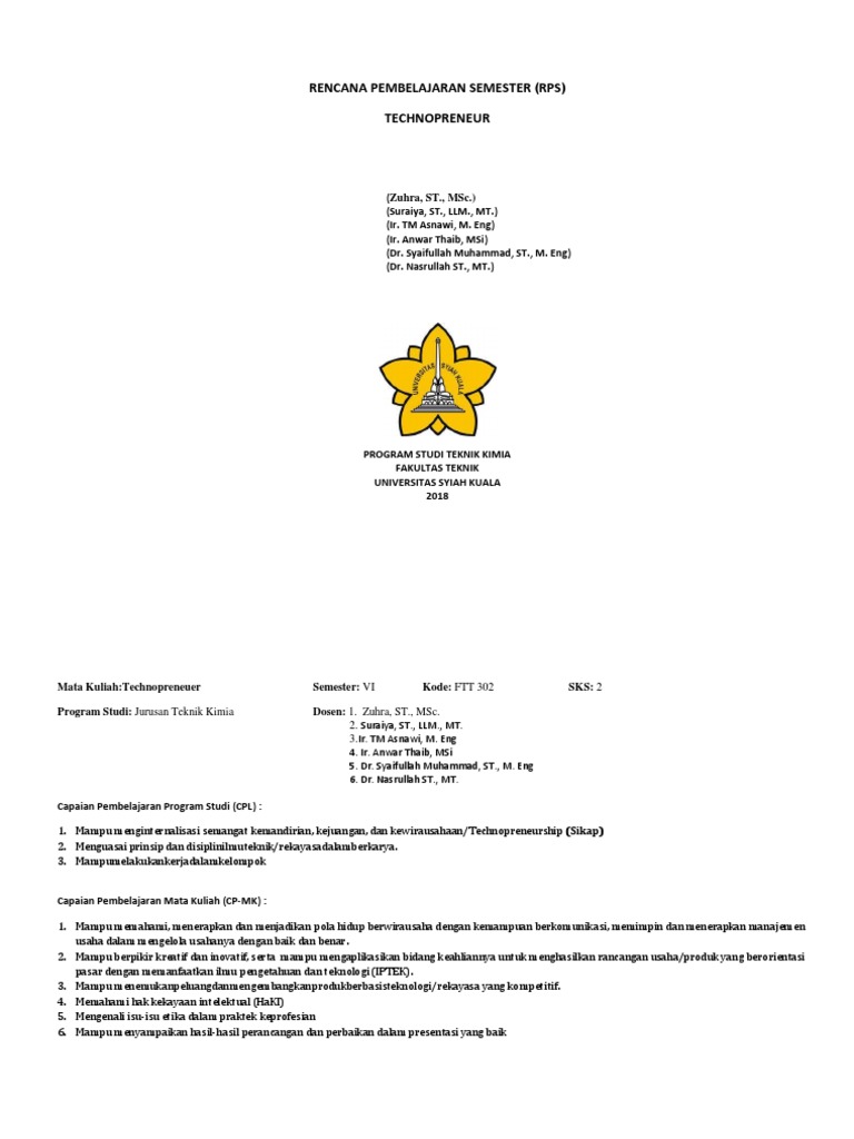 RPS Mata Kuliah Technopreneurship | PDF
