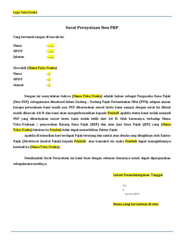 Surat Pernyataan Non-PKP (Pengusaha Tidak Kena Pajak) | PDF