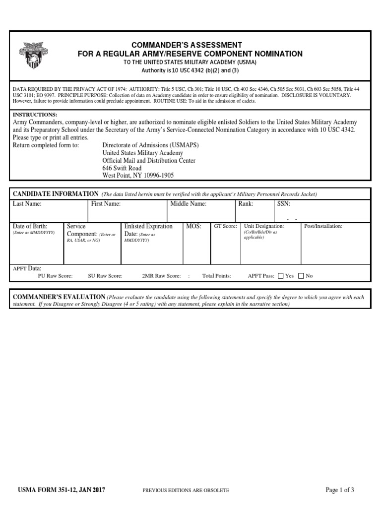 USMA Commander’s Assessment Form 351-12 | PDF | United States Military ...