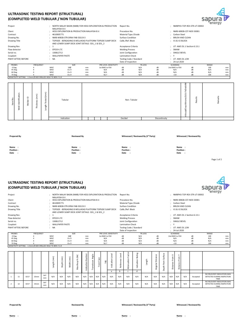 Ultrasonic Testing Report (Structural) (Completed Weld Tubular / Non ...