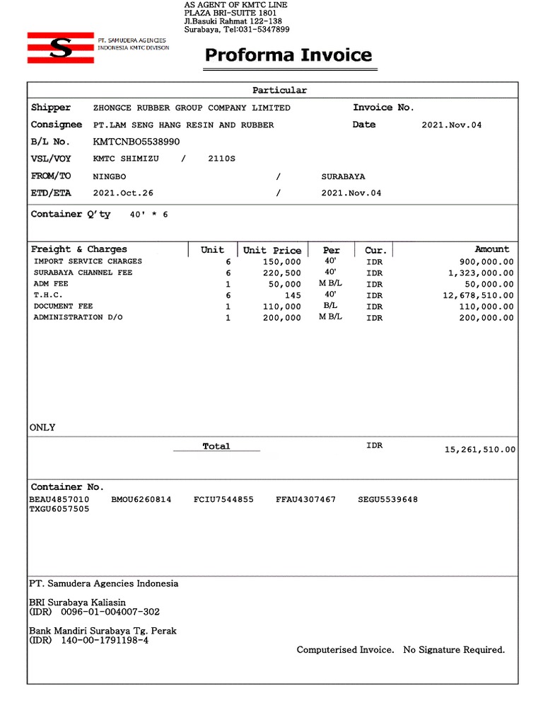Import Service Charges Surabaya Channel Fee Adm Fee T.H.C. Document Fee ...
