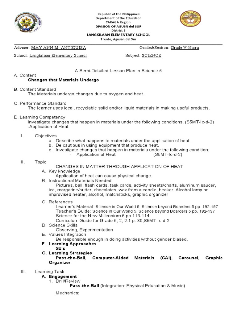 Grade 5 Science Lesson Plan: Heat Changes | PDF | Learning | Ice