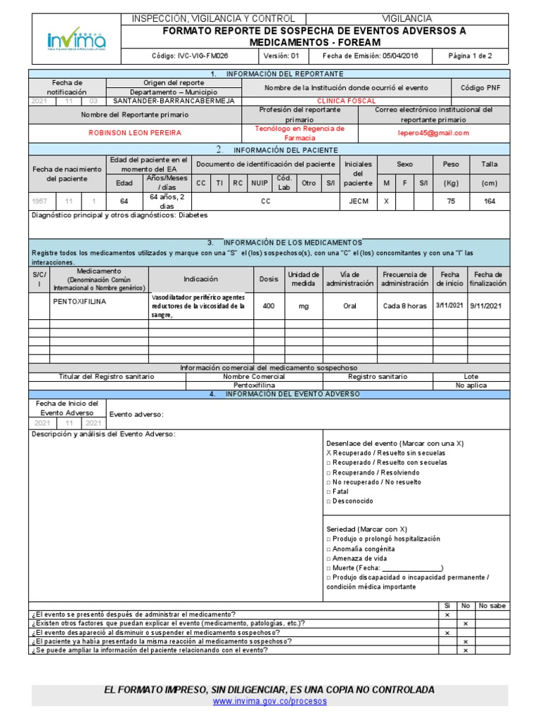 Formato FOREAM IVC-VIG-FM026 | PDF | Medicamentos con receta | Farmacéutico