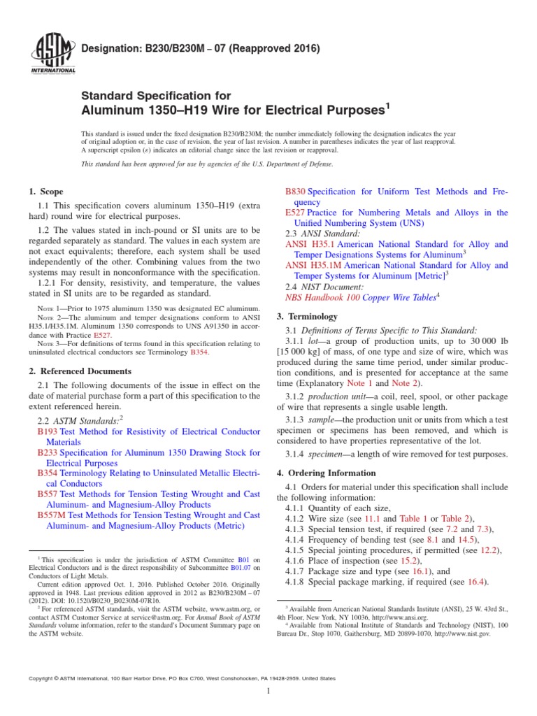 ASTM 2016 B230 - B230M - 07 (Reapproved 2016) | PDF | Electrical ...