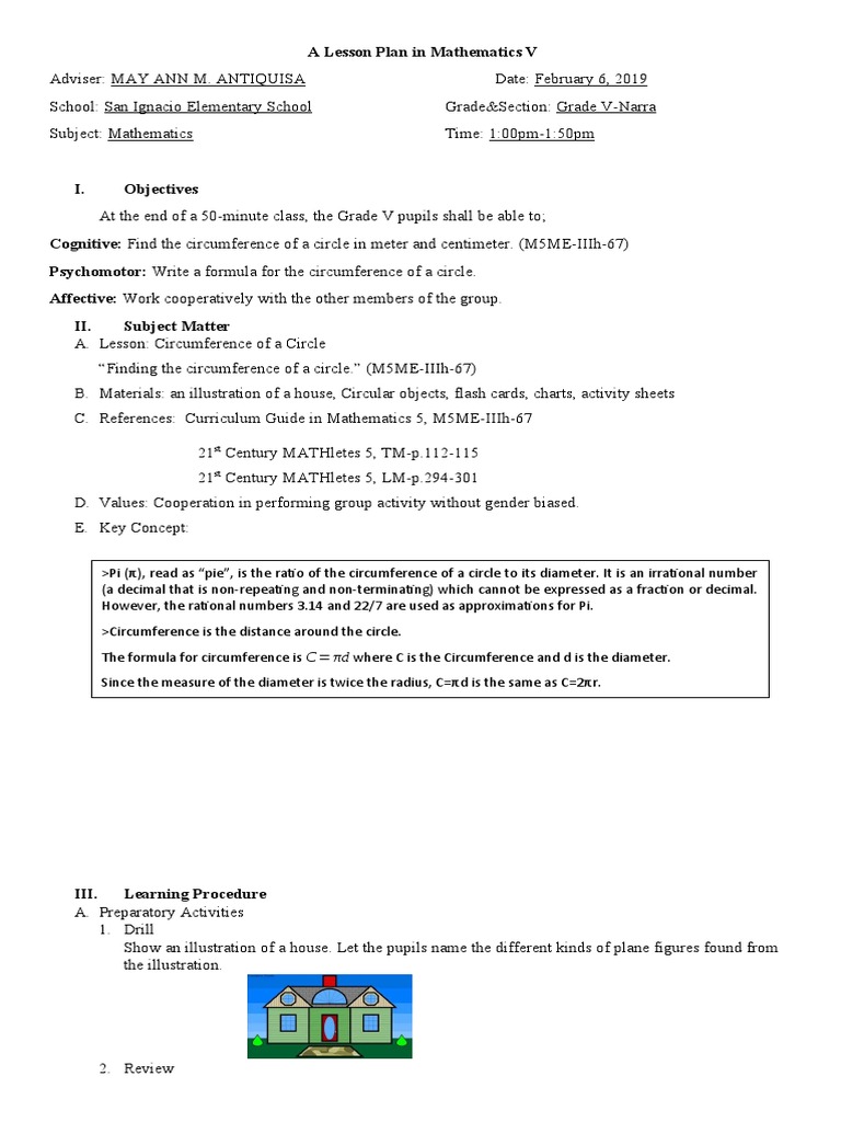 CLASSROOM OBSERVATION LESSON PLAN - Mathematics V | PDF | Pi | Circle