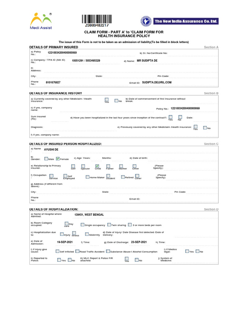 Claim Form for Health Insurance Reimbursement Due to Hospitalization at ...