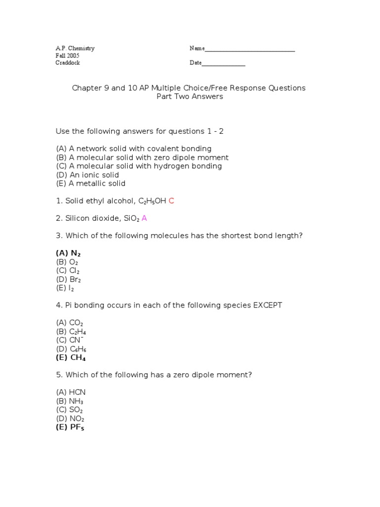 CH 9 and 10 AP Part 2 Answers | PDF | Chemical Polarity | Covalent Bond