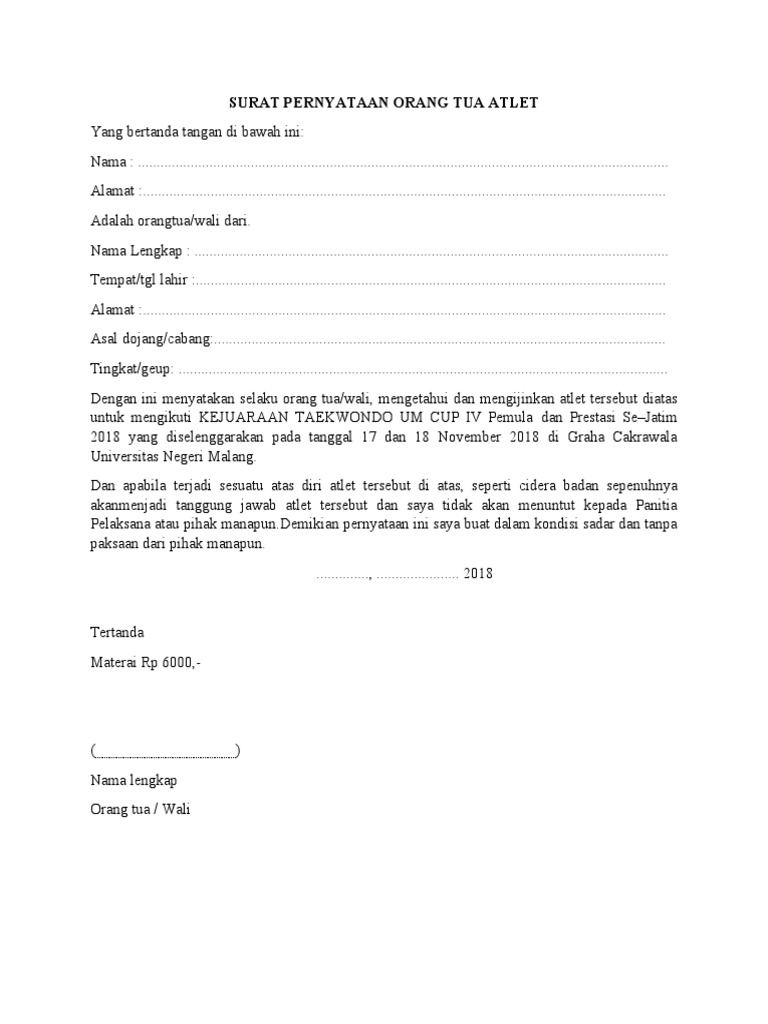 Surat Pernyataan Orangtua Atlet Dikonversi | PDF