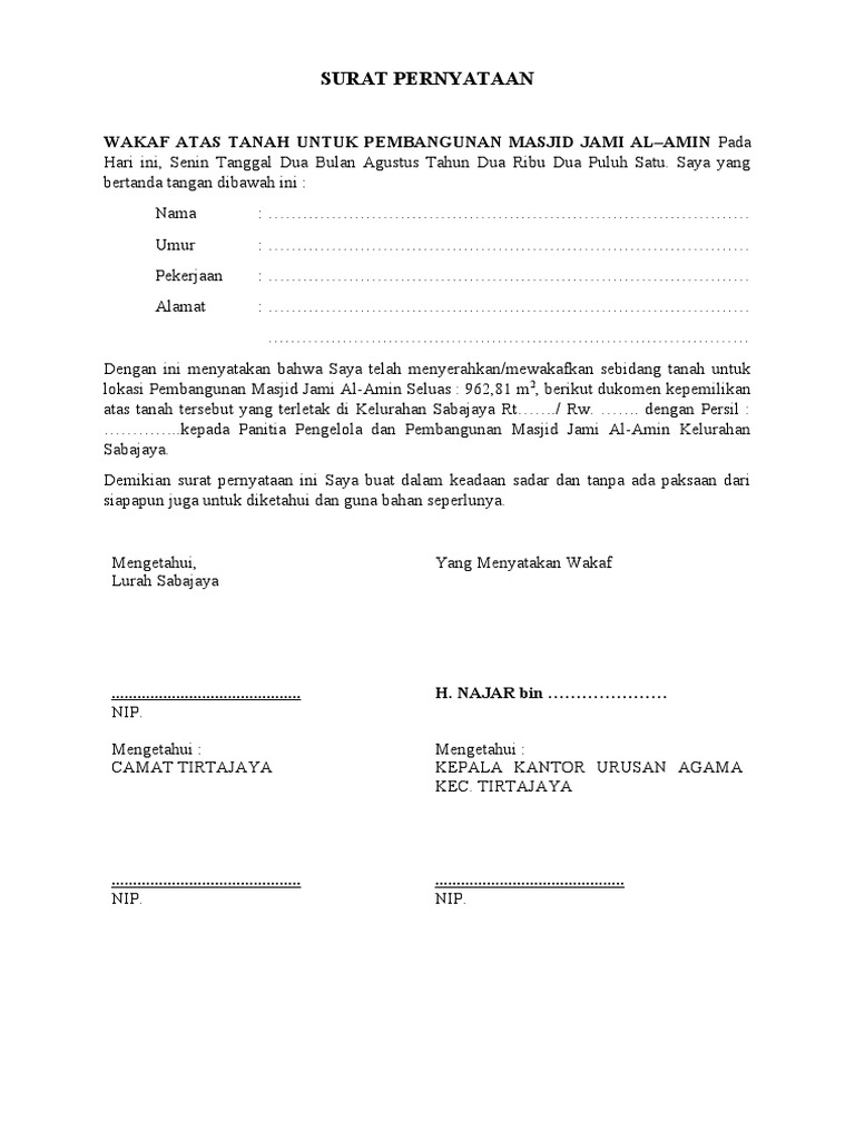 SURAT PERNYATAAN Wakaf Tanah Pembangunan Masjid | PDF