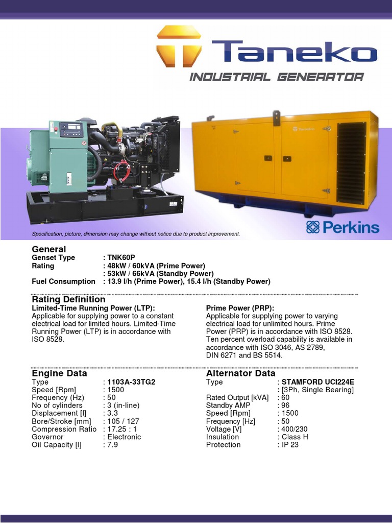 Taneko TNK60P Genset Specifications | PDF | Electrical Engineering ...