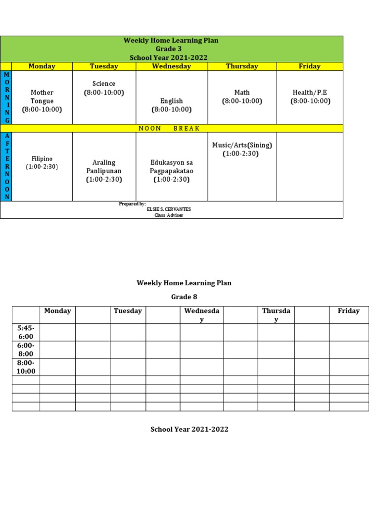 Weekly Home Learning Plan Grade 3 School Year 2021-2022 Monday Tuesday ...