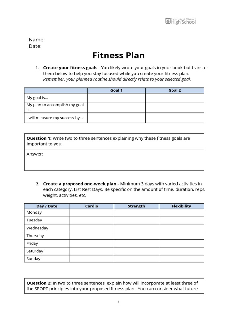 Fitness Plan: Name: Date | PDF | Self-Improvement | Wellness