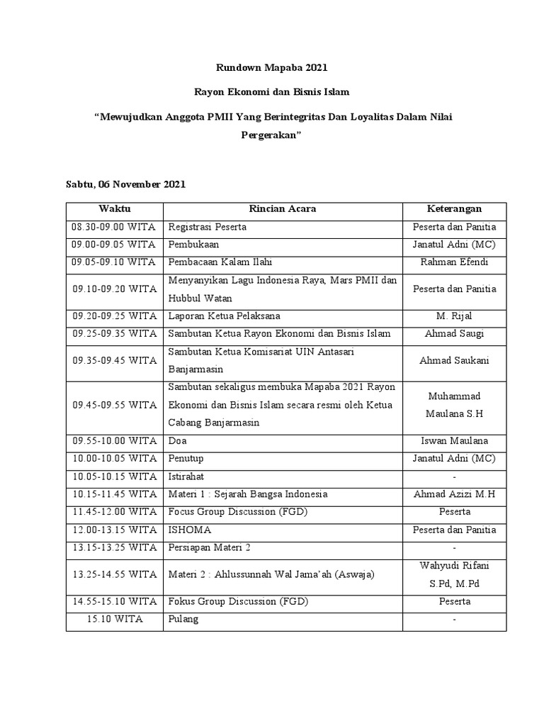 Rundown Acara Mapaba 2021-1 | PDF