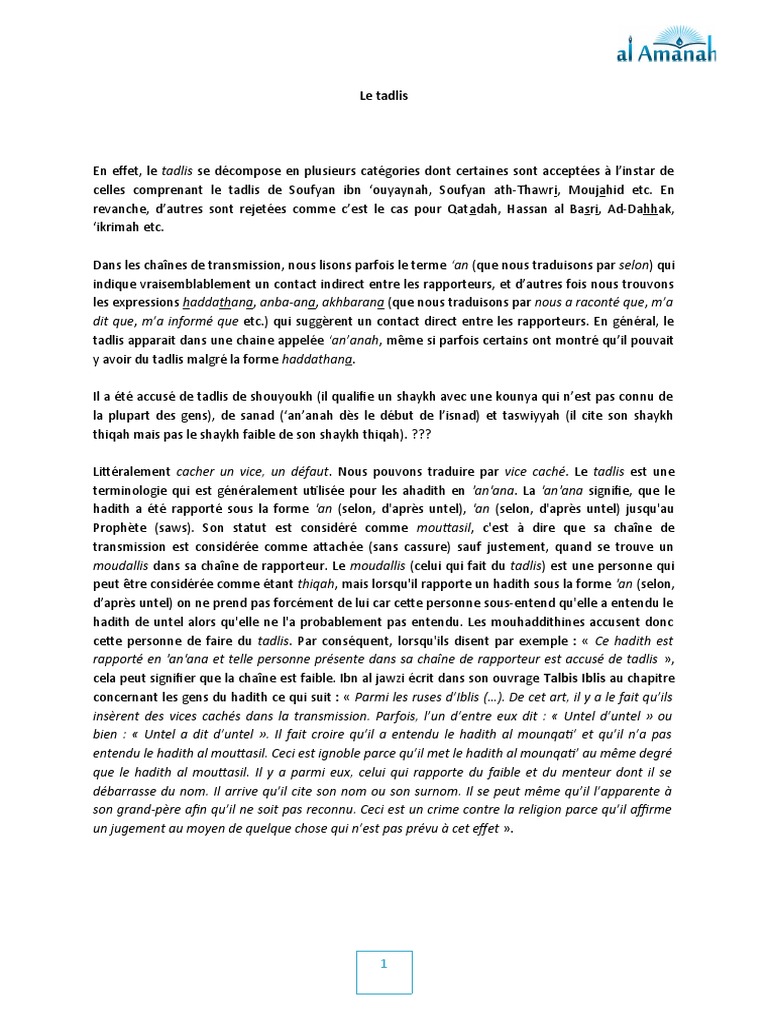 Comprendre le tadlis dans les hadiths | PDF | Hadîth