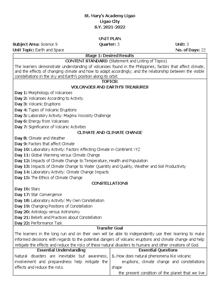 Science 9 Unit Plan: Earth and Space | PDF | Volcano | Climate Change
