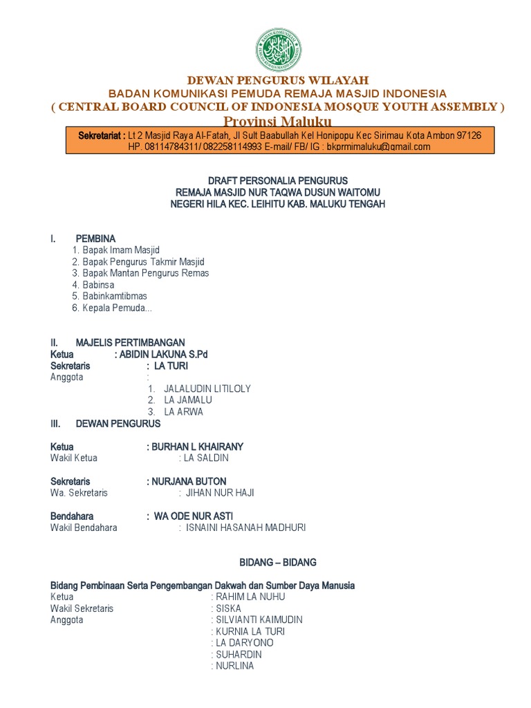 Draft Struktur Remaja Masjid Maluku 2020 | PDF