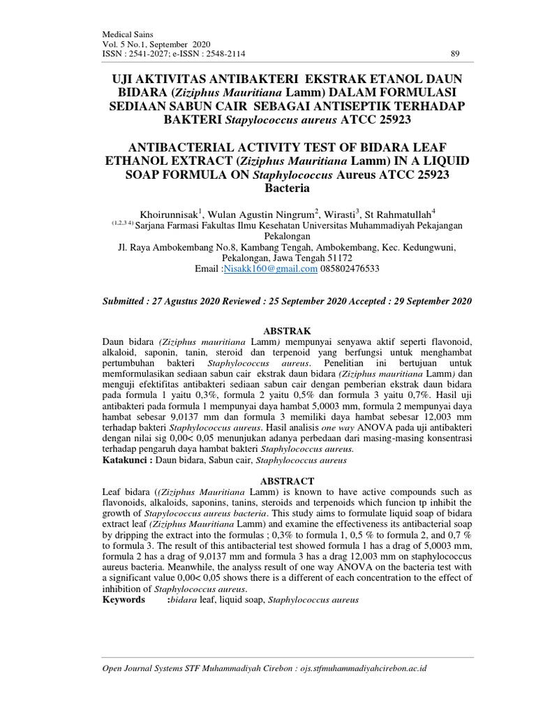 Uji Aktivitas Antibakteri Ekstrak Etanol Daun Bidara Dalam Formulasi Sediaan Sabun Cair Sebagai ...