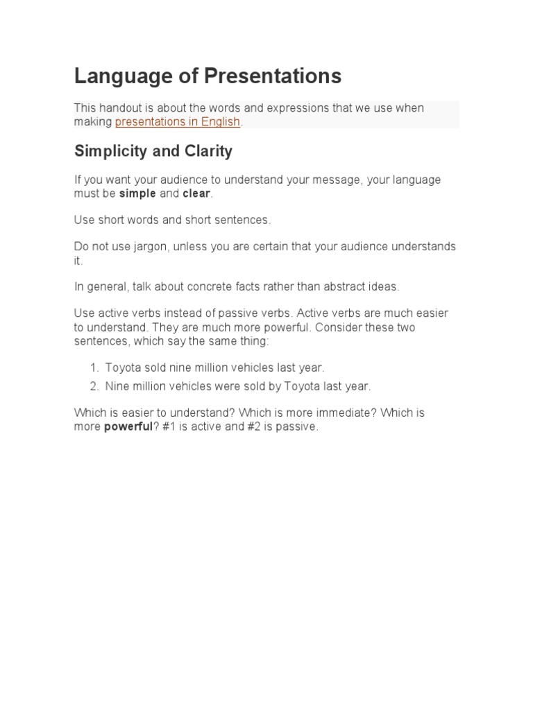 Language of Presentations | PDF | English Language | Word