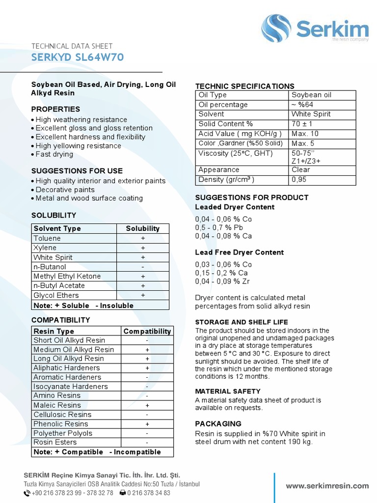 Technical Data Sheet for Soybean Oil Based Alkyd Resin SERKYD SL64W70 ...