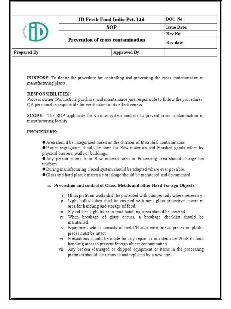 Cross Contamination Prevention SOP | PDF | Foods | Glasses