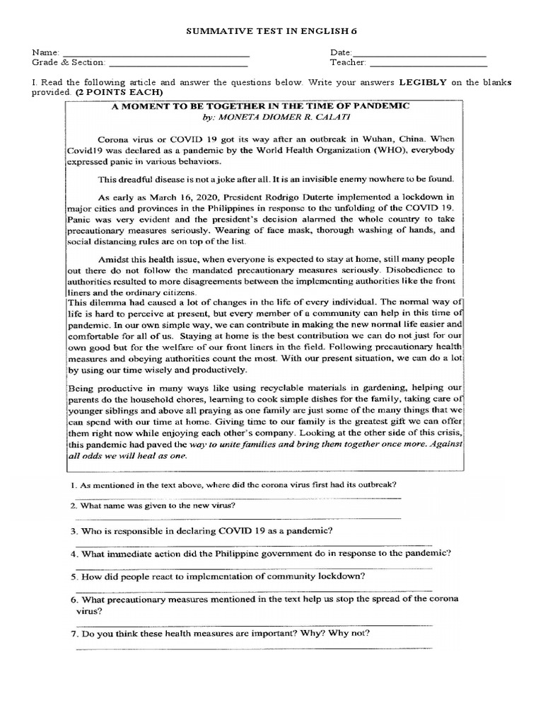 Summative Test in English 6 | PDF
