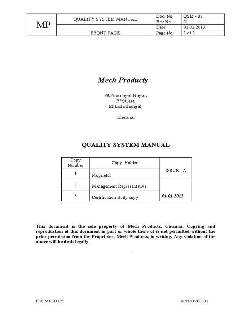 1 Quality Manual - Cover Page | PDF