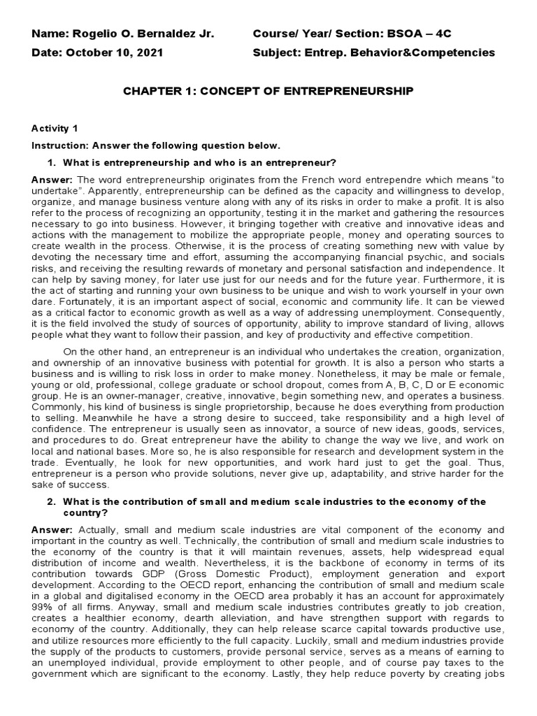 Entrepreneurial Behavior and Competencies - Chapter 1 - BSOA-4C | PDF ...