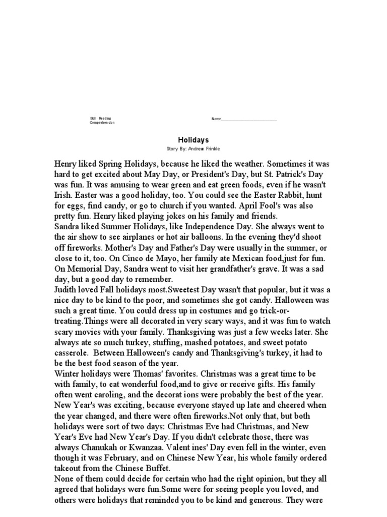 Free Holidays Sixth Grade Reading Comprehension Worksheet | PDF ...