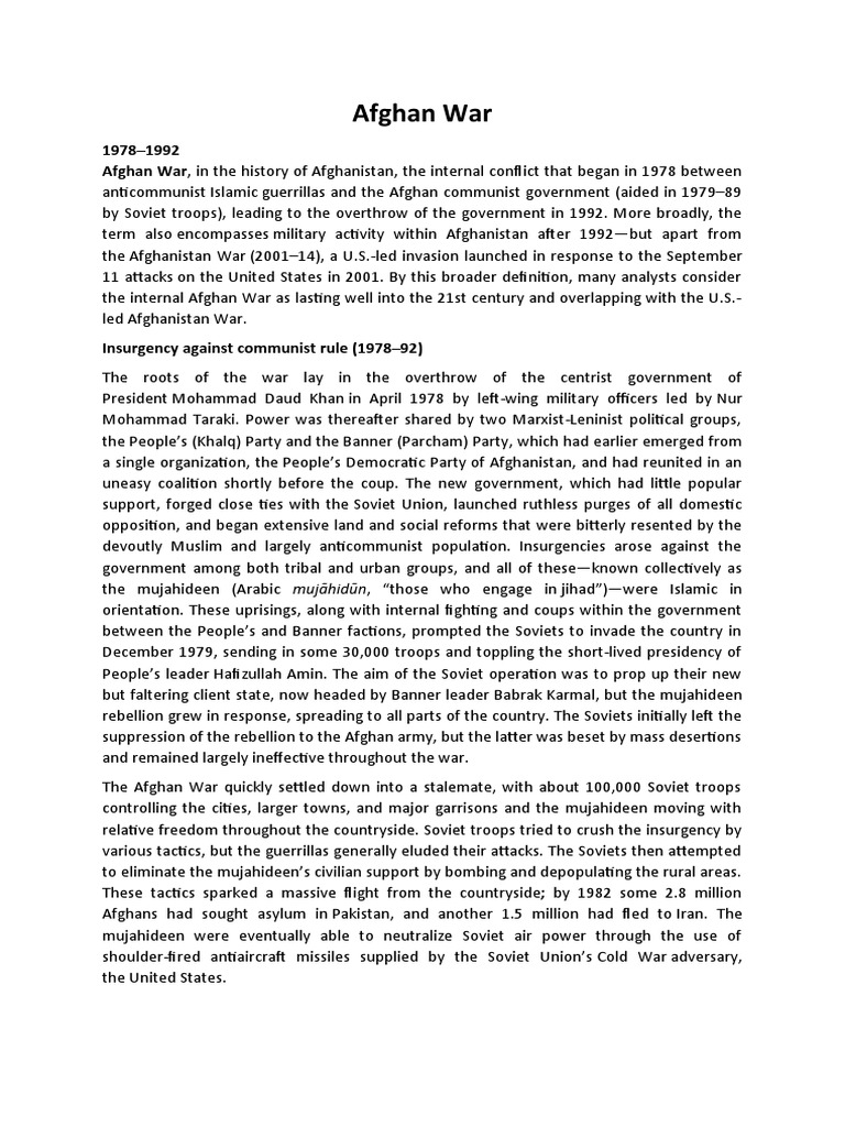 Afghan War: 1978-1992 Afghan War, in The History of Afghanistan, The ...