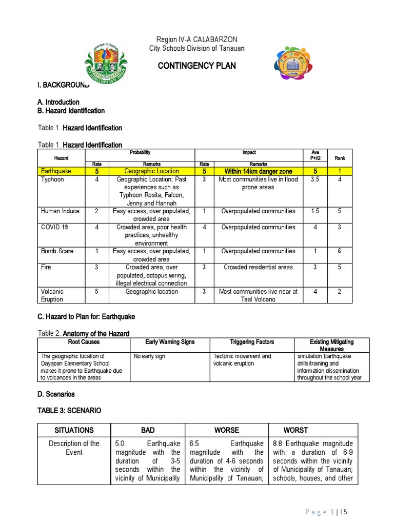 CONTINGENCY PLAN Format | PDF | Hazards | Earthquakes