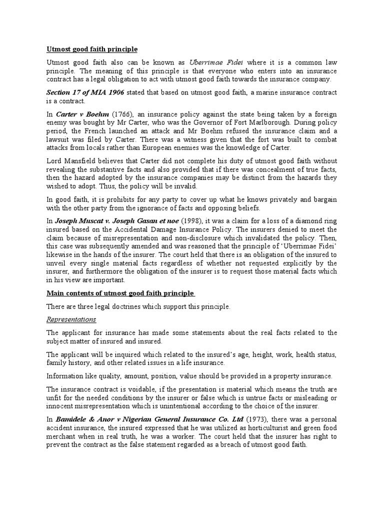 Utmost Good Faith Principle & Cause Proxima | PDF | Insurance | Indemnity