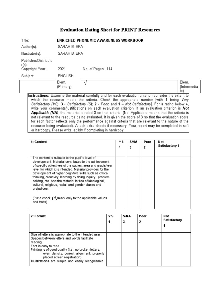 Evaluation Rating Sheet For PRINT Resources | PDF | Typography | Cognition