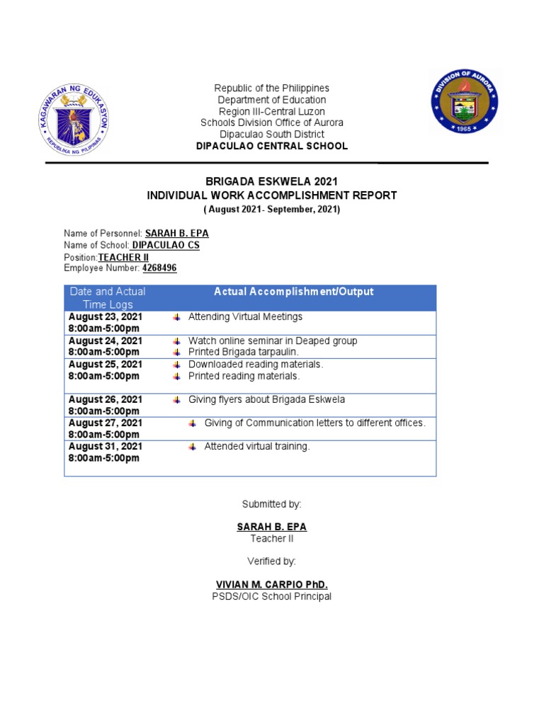 Brigada Eskwela 2021 Individual Work Accomplishment Report: Dipaculao ...