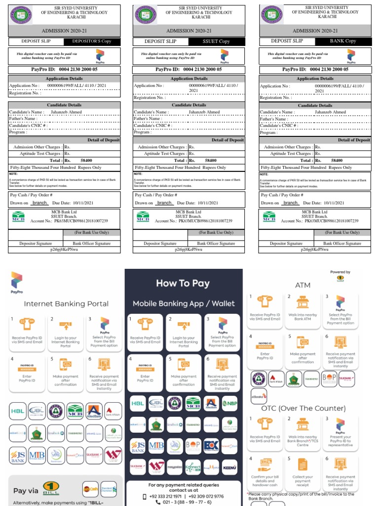SSUET Admission Deposit Slip 2020-21 | PDF | Banks | Deposit Account