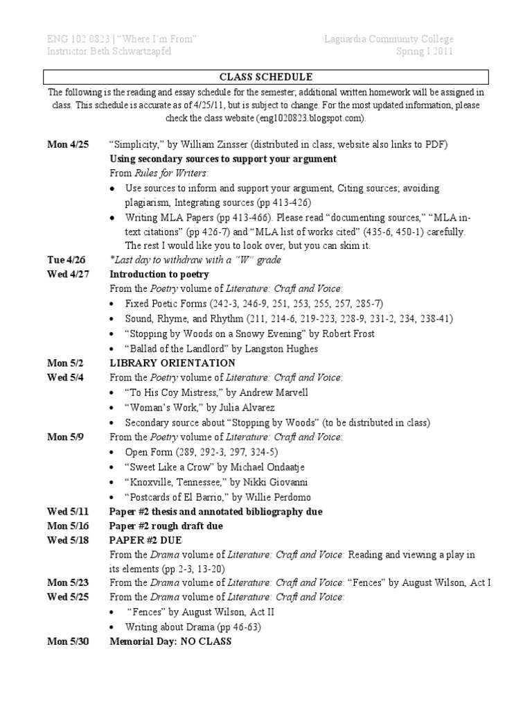 ENG102.0823 Class Schedule - Rev042411 | PDF | Writing | Poetry