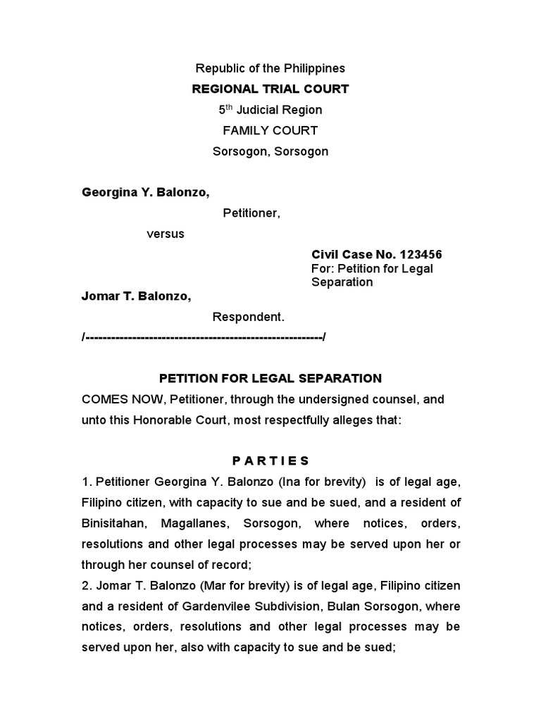 Legal SeparationSample Form | PDF | Lawsuit | Government