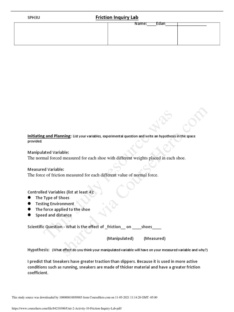This Study Resource Was: Friction Inquiry Lab | PDF | Friction | Shoe