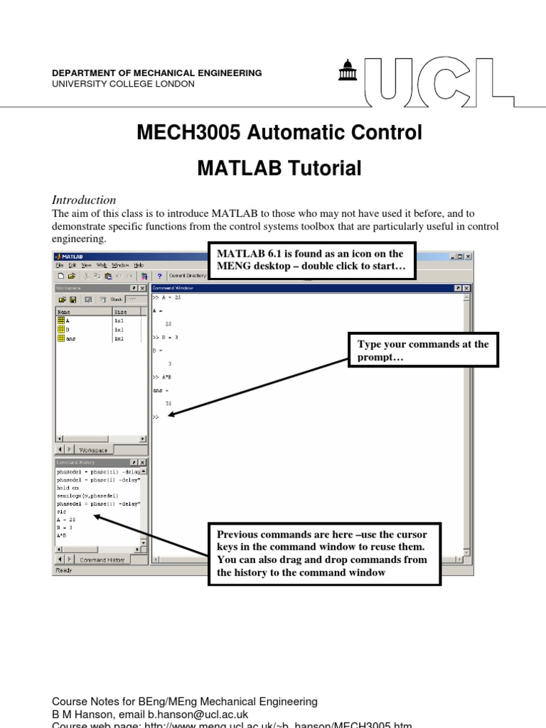 MECH3005 Automatic Control MATLAB Tutorial: University College London ...