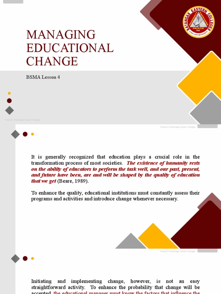Managing Educational Change: BSMA Lesson 4 | PDF | Institution | Leadership