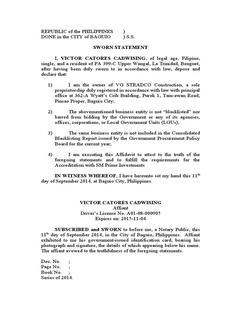 Non-Blacklist Affidavit for VG STRADCO | PDF | Law