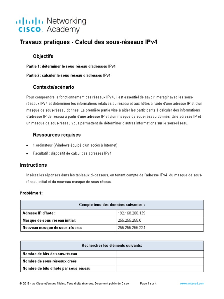11.6.6 Lab - Calculate IPv4 Subnets | PDF | Adresse IP | Architecture de réseau