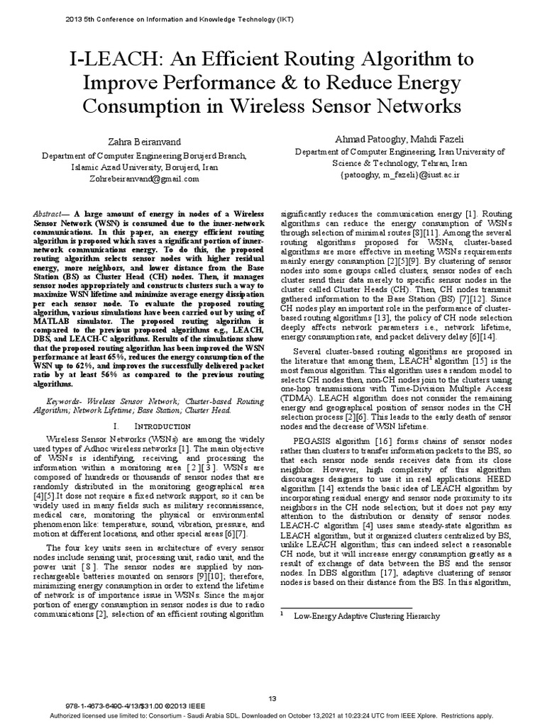 I-LEACH An Efficient Routing Algorithm To Improve Performance Amp To Reduce Energy Consumption ...