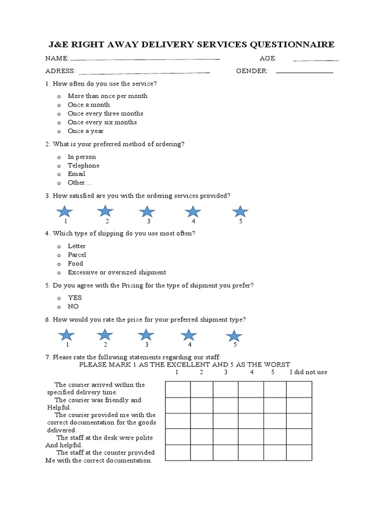 J&E Right Away Delivery Services Questionnaire | Download Free PDF ...