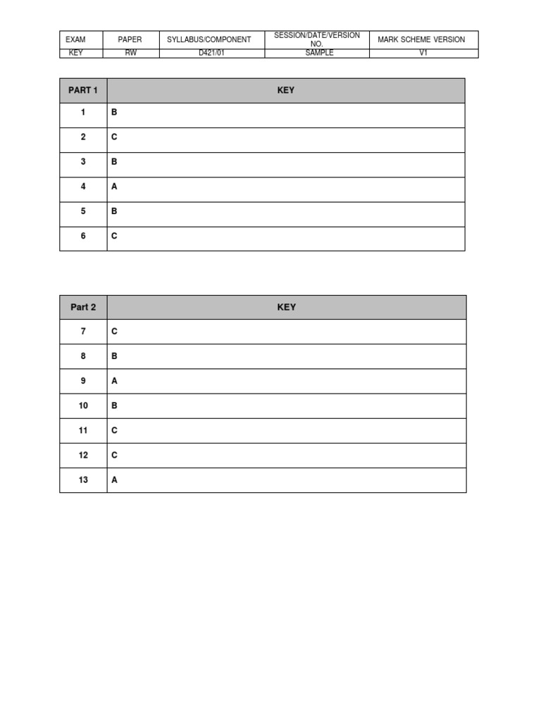 A2 Key 2020 Sample Tests Reading and Writing - Answer Key | PDF