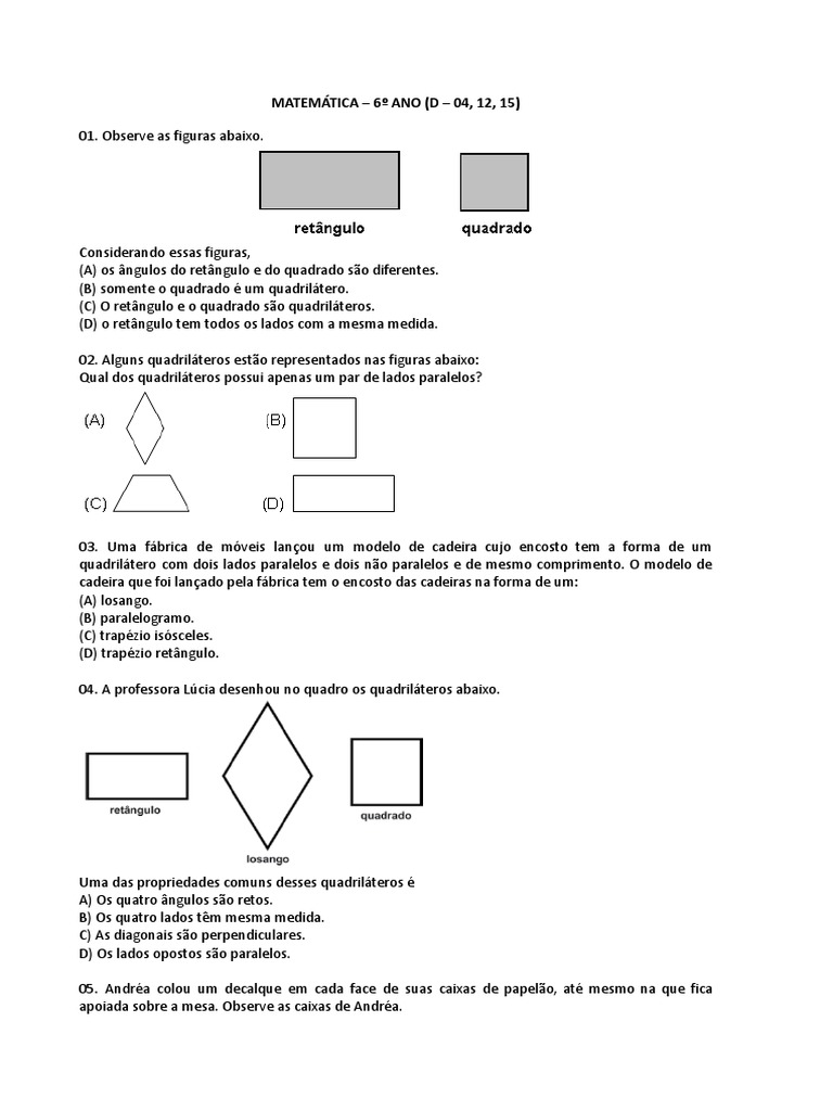 6º ANO Agosto (Ativ. - 1) | PDF | Formas geométricas | Geometria do Plano Euclidiano
