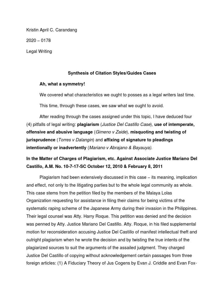 Carandang, Kristin April C - Case Synthesis | PDF | Lawyer | Plagiarism