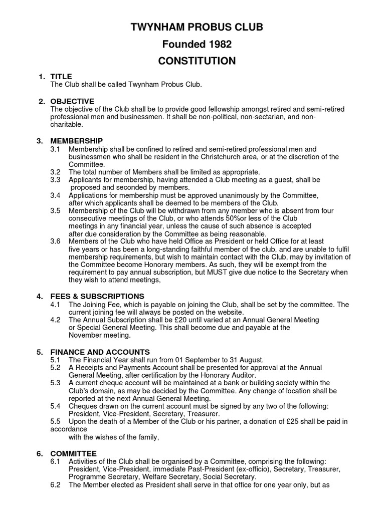 Tywnham Probus Club Constitution Oct 2021 | PDF | Presidents Of The ...