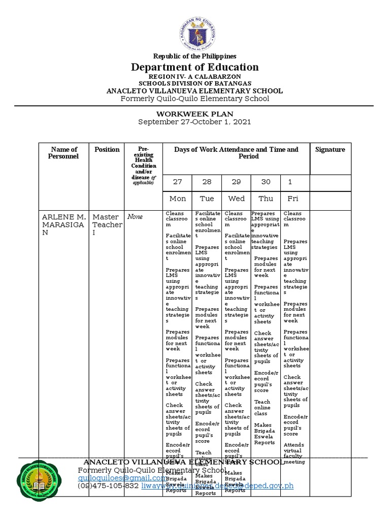 WORKWEEK PLAN Q1W3 September 27-October 1, 2021 | PDF | Philippines
